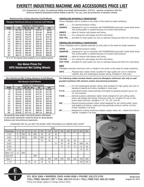 EVERETT INDUSTRIES MACHINE AND ACCESSORIES PRICE LIST
