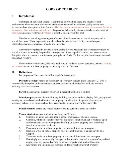 Code of Conduct Revision Final Draft - Fillmore Central School