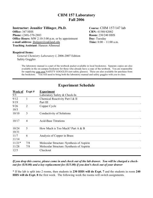 CHM 157 Laboratory Fall 2006 Experiment Schedule