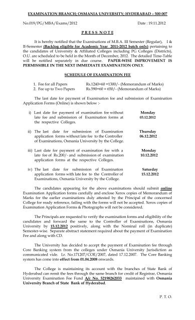 EXAMINATION BRANCH; OSMANIA UNIVERSITY; HYDERABAD ...