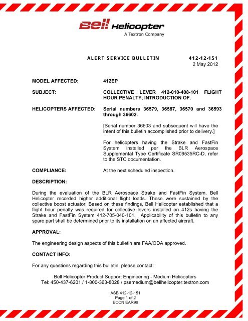 ALERT SERVICE BULLETIN 412-12-151 2 May 2012 MODEL ...