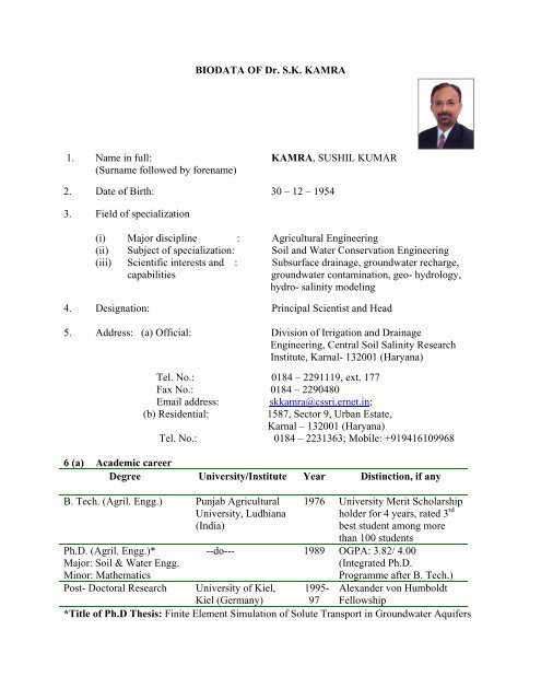 BIODATA OF Dr - CSSRI