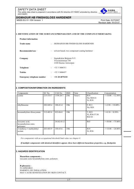 msds sigmadur hb finish-gloss hardener - SIGMA PAINTS