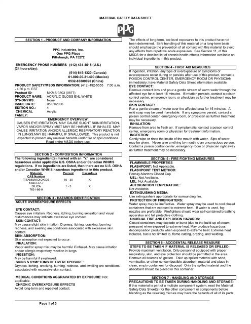 MATERIAL SAFETY DATA SHEET SECTION 1 ... - PPG Industries