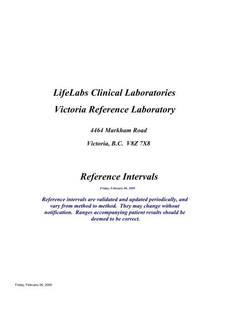 Victoria Reference Laboratory Reference Intervals LifeLabs Clinical ...