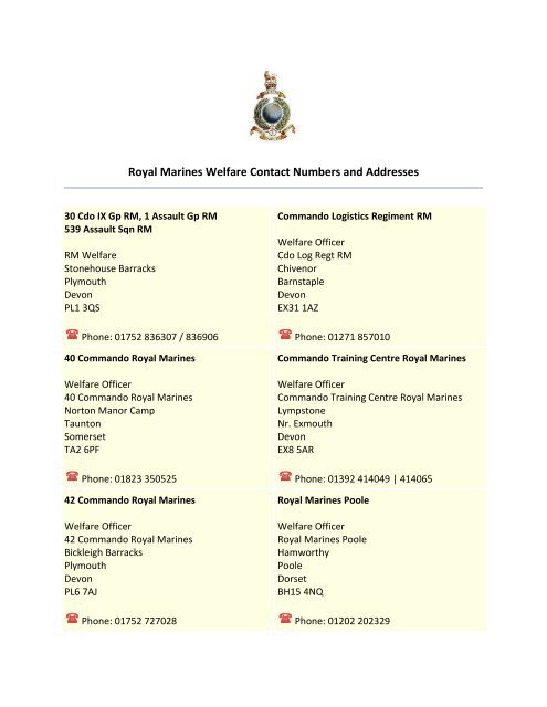 Royal Marines Welfare Contact Numbers and Addresses