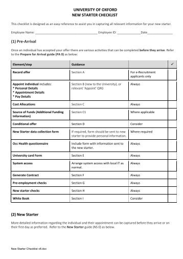 UNIVERSITY OF OXFORD NEW STARTER CHECKLIST (1) Pre ...