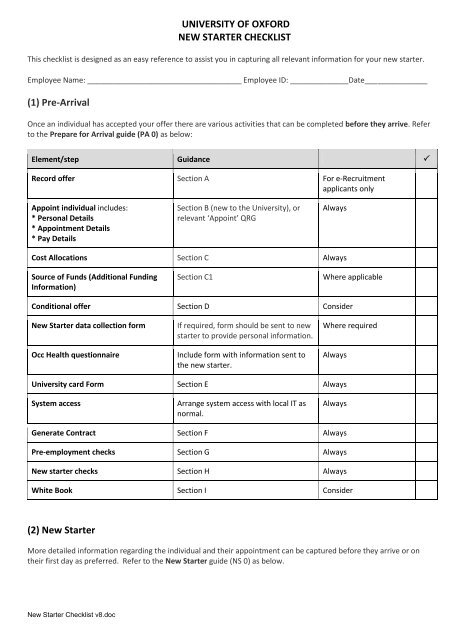 UNIVERSITY OF OXFORD NEW STARTER CHECKLIST (1) Pre ...