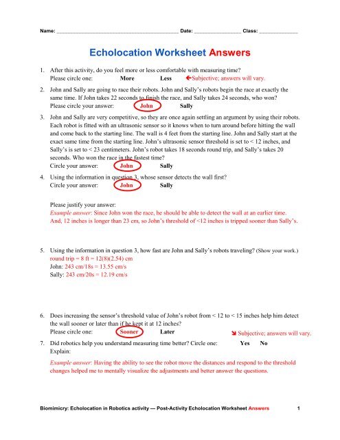 Post-Activity Echolocation Worksheet Answers - Teach Engineering