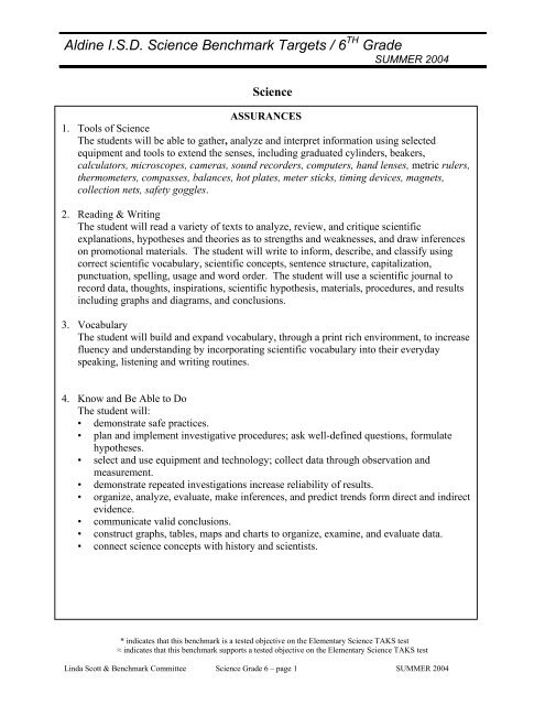 Aldine I.S.D. Science Benchmark Targets / 6TH Grade