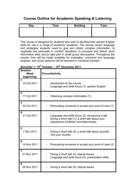 Course Outline For Academic Speaking Listening