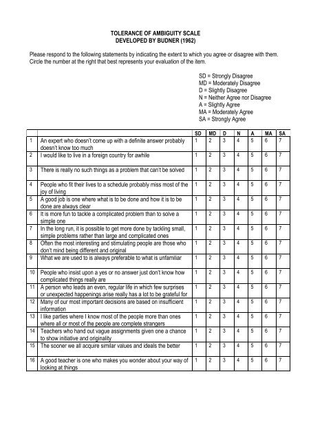 Tolerance for Ambiguity Scale Tolerance for Ambiguity Scale