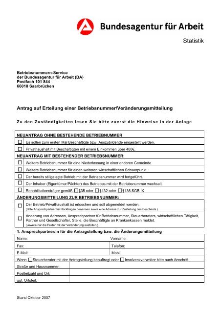 Antrag auf Erteilung einer Betriebsnummer/VerÃ¤nderungsmitteilung
