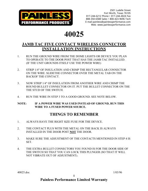 jamb tac five contact wireless connector ... - Painless Wiring