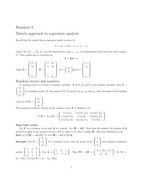 Handout 8 Matrix approach to regression analysis