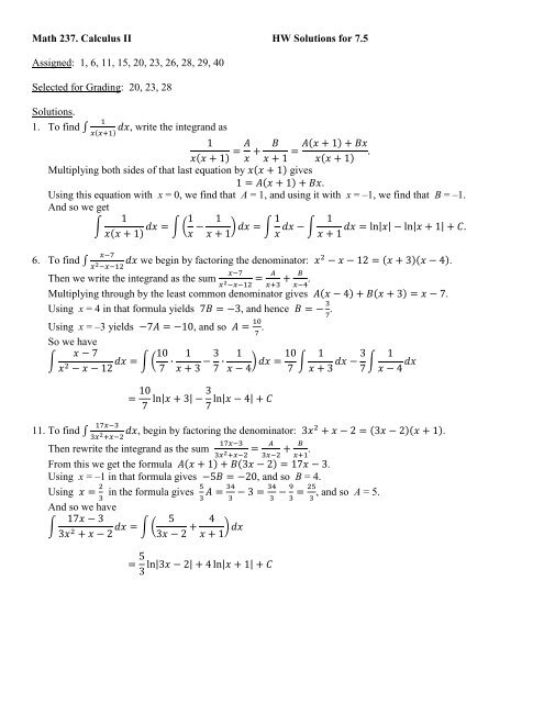 Math 237. Calculus II HW Solutions for 7.5 Assigned: 1, 6 ... - Frostburg