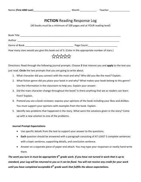 FICTION Reading Response Log