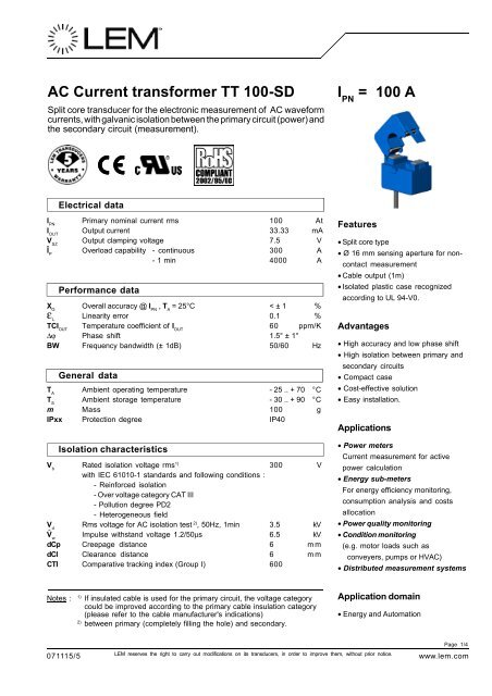 AC Current transformer TT 100-SD I = 100 A - LEM