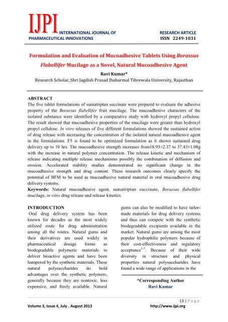 Formulation And Evaluation Of Mucoadhesive Tablets Using Ijpi