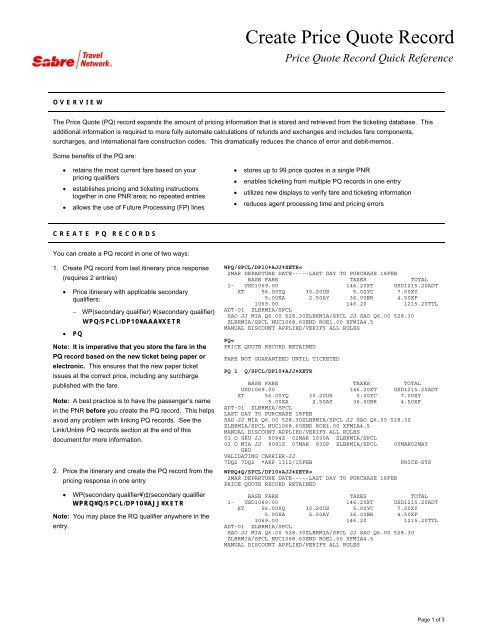 Create Price Quote Record - Sabre Holdings