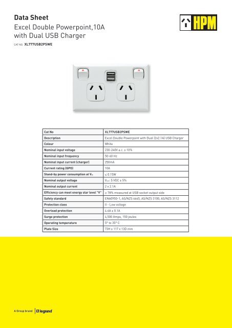 HPM Excel Double Powerpoint 10A with Dual USB Charger XL777USB2PSWE