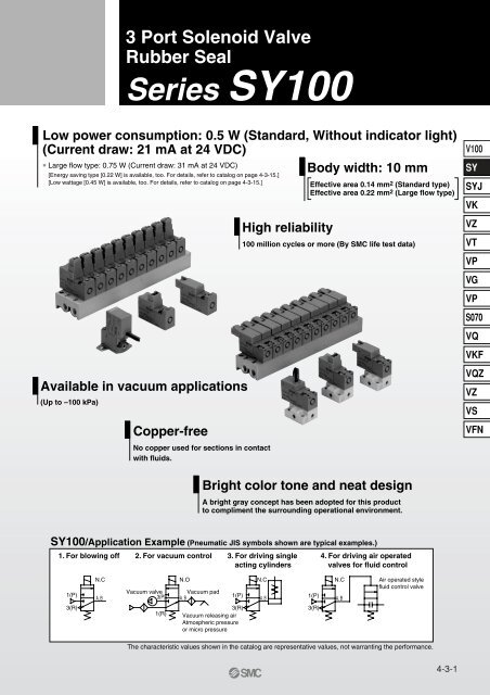 3 Port Direct Operated Solenoid Valve Rubber Seal Series SY100