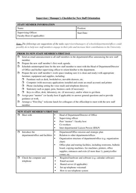 Supervisor / Manager's Checklist for New Staff Orientation - Ab.ust.hk