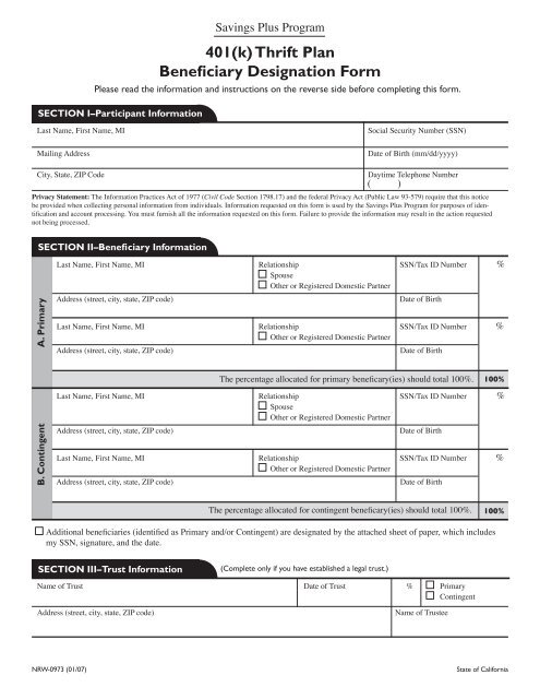 401(k) Thrift Plan Beneficiary Designation Form
