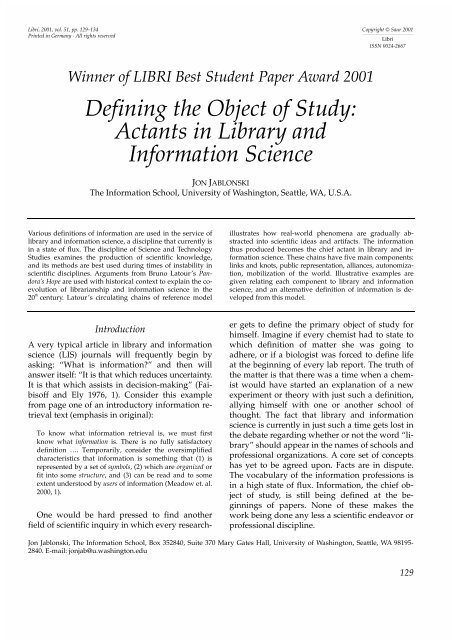 Defining the object of study: actants in Library and Information ...