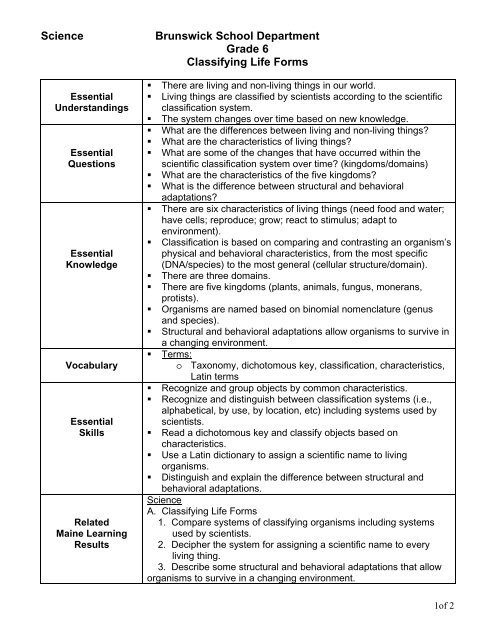 Classifying Life Forms - the BRUNSWICK SCHOOL - Brunswick ...
