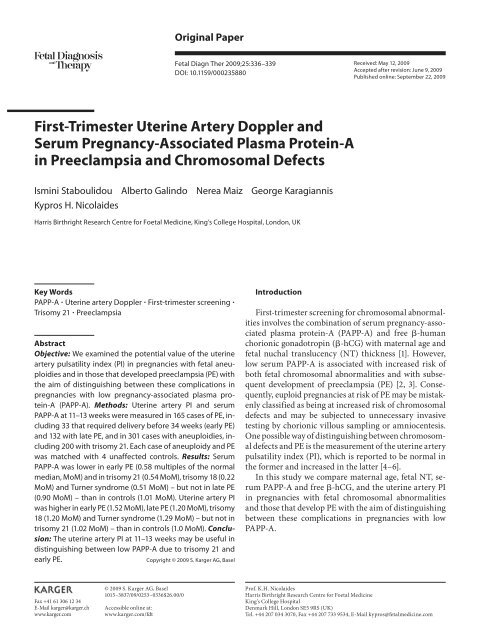First-Trimester Uterine Artery Doppler and Serum Pregnancy ...