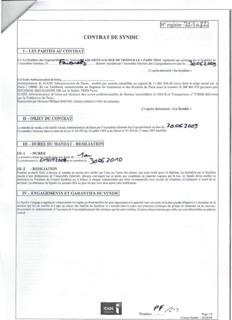 CONTRAT DE SYNDIC N. 1. Missions. 1. D une part: