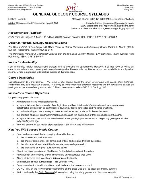 GENERAL GEOLOGY COURSE SYLLABUS - Geology 100