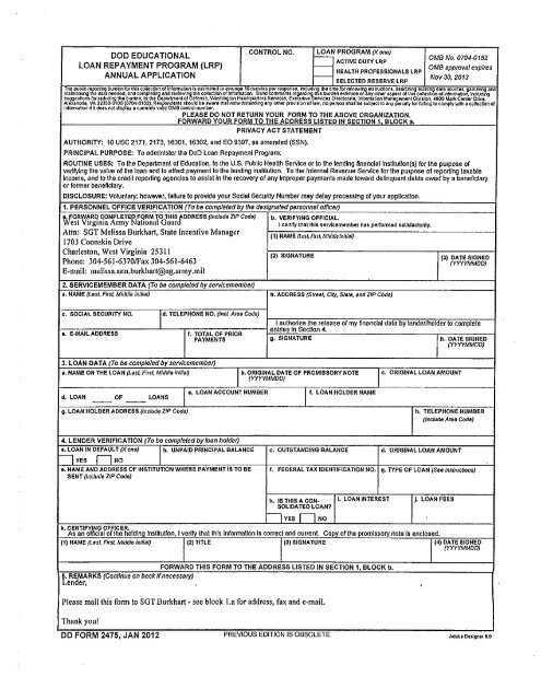DD Form 2475 - West Virginia Army National Guard