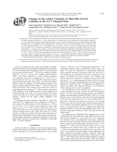 Changes in the Lattice Constants of Thin-Film LiCoO2 Cathodes at ...