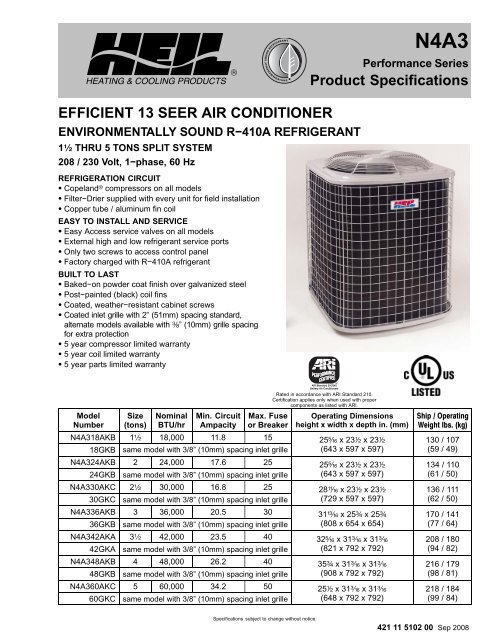 EFFICIENT 13 SEER AIR CONDITIONER Product Specifications