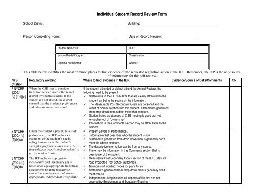 Individual Student Record Review Form