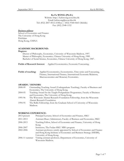 Curriculum Vitae - Ka-fu Wong - The University of Hong Kong