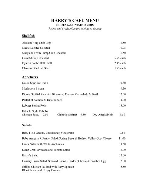 HARRY'S CAFÉ MENU - Harry's Cafe and Steak