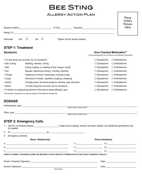 Bee Sting Allergy Action Plan