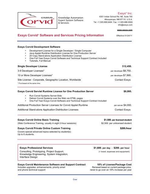 Exsys CorvidÂ® Software and Services Pricing Information