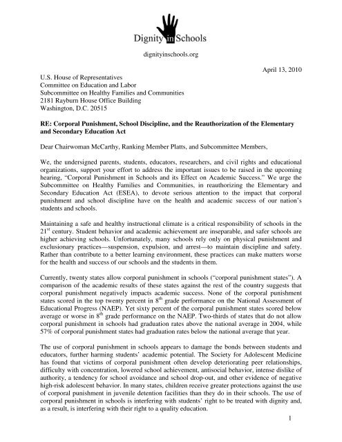 Dignity In Schools Corporal Punishment Hearing Letter