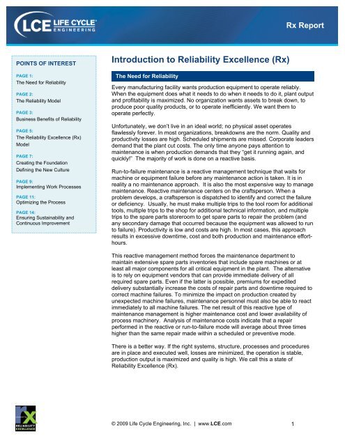 Introduction to Reliability Excellence (Rx) - Life Cycle Engineering Introduction to Reliability Excellence (Rx) - Life Cycle Engineering
