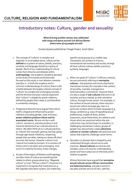 Introductory notes: Culture, gender and sexuality - Fahamu