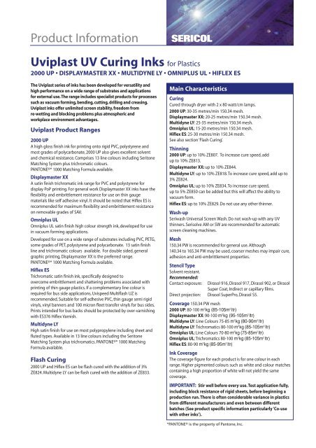 Uviplast UV Curing Inks for Plastics Product Information - Sericol