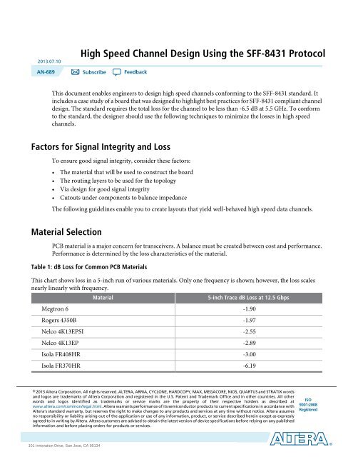 AN 689: High Speed Channel Design Using the SFF-8431 Protocol