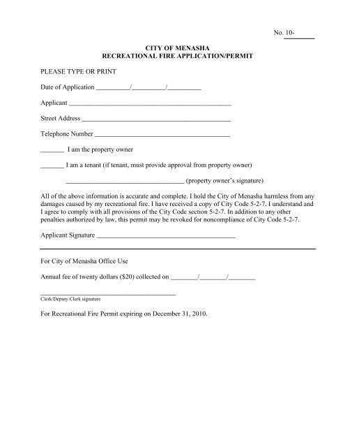 CITY OF MENASHA RECREATIONAL FIRE APPLICATION/PERMIT ...