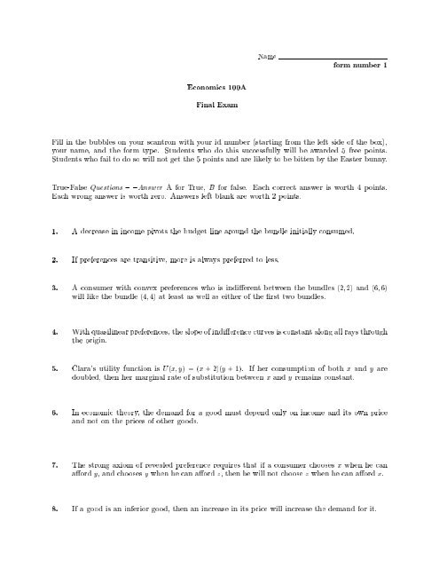 Practice Final for 100A - UCSB Economics