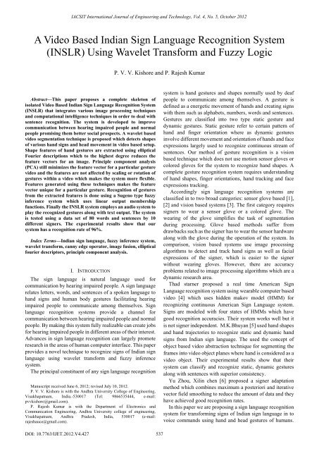 A Video Based Indian Sign Language Recognition System Ijet