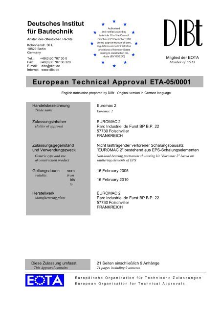 European Technical Approval ETA-05/0001 - derhubler.at